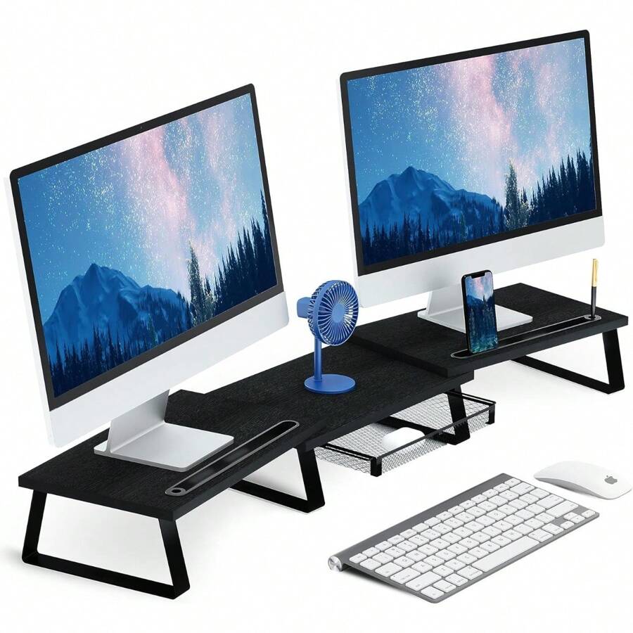 Wood Monitor Stand Riser with Drawer - Large Monitor Riser for 2 ...