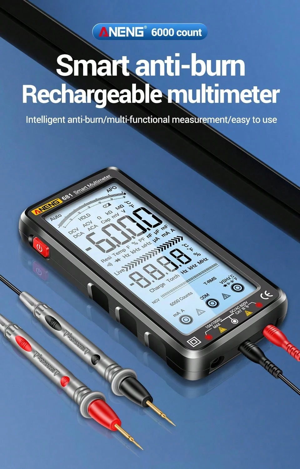 ANENG Aneng 681 Multimètre De Mesure Sans Contact Rechargeable Va Avec Affichage Inversé Et ...