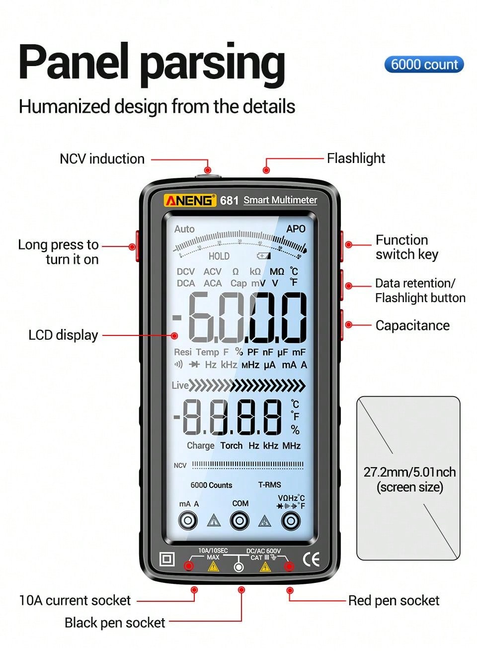 ANENG 681 Non-contact Rechargeable VA Reverse Display Multimeter Auto ...