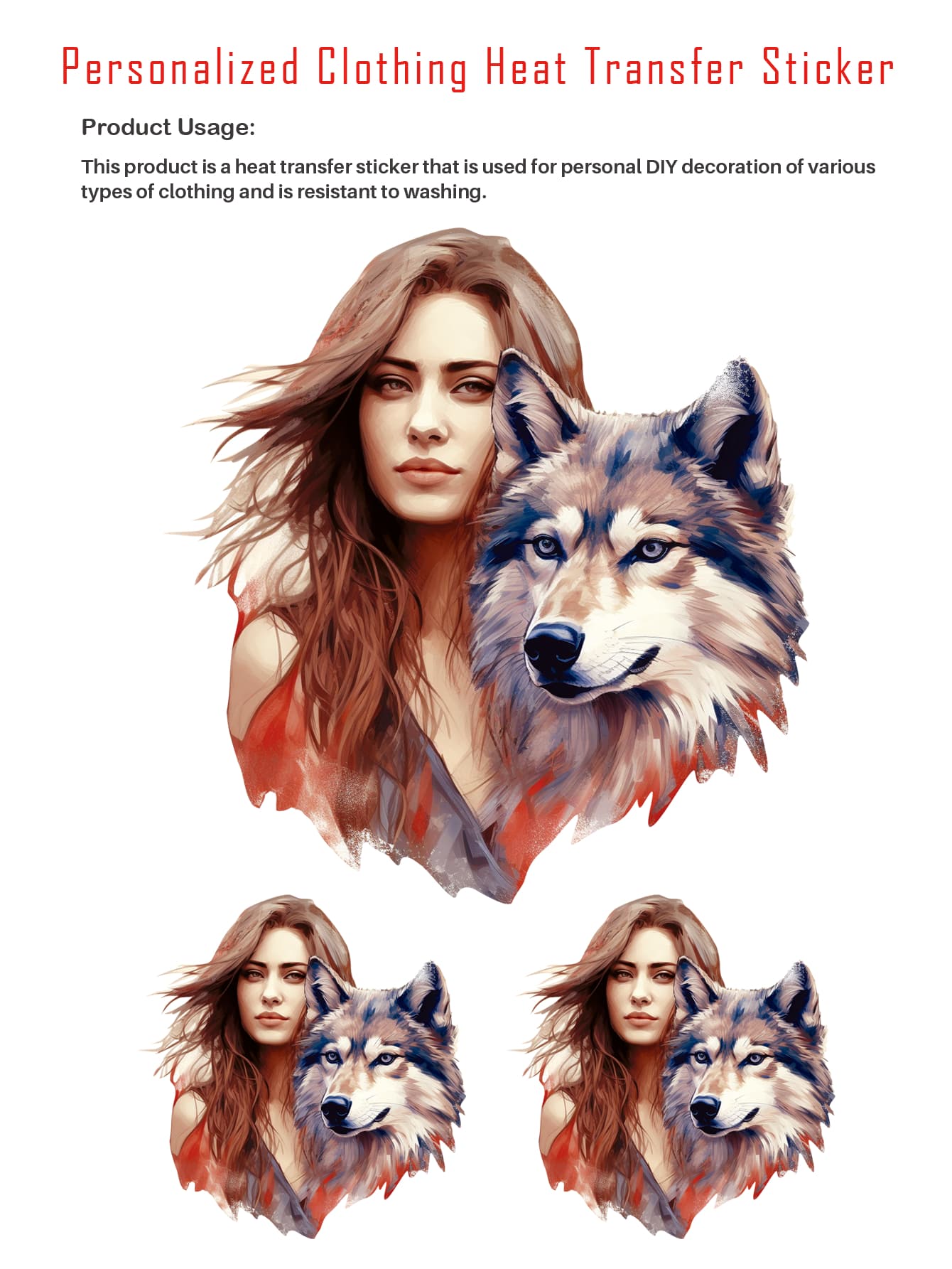 1pc Long Hair Sexy Woman & Wolf 3 Printed Diy Heat Transfer Sticker For ...
