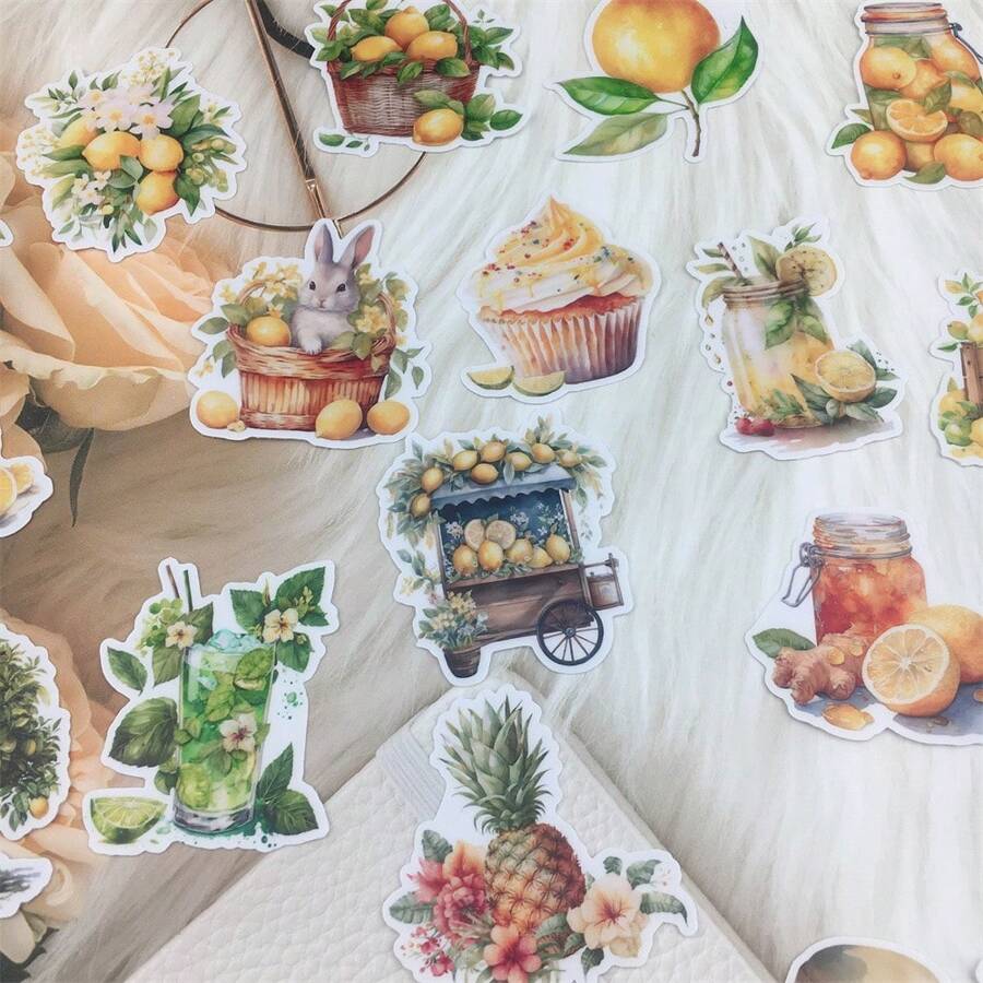 Vintage Style Scrapbook Sticker Set With Lemon & Strawberry Pattern ...