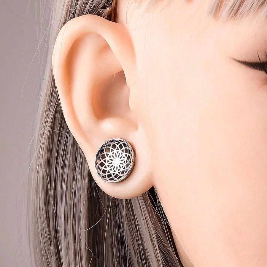 Stainless Steel Double Flare Ear Gauge With Curved Sunflower & Hollow ...