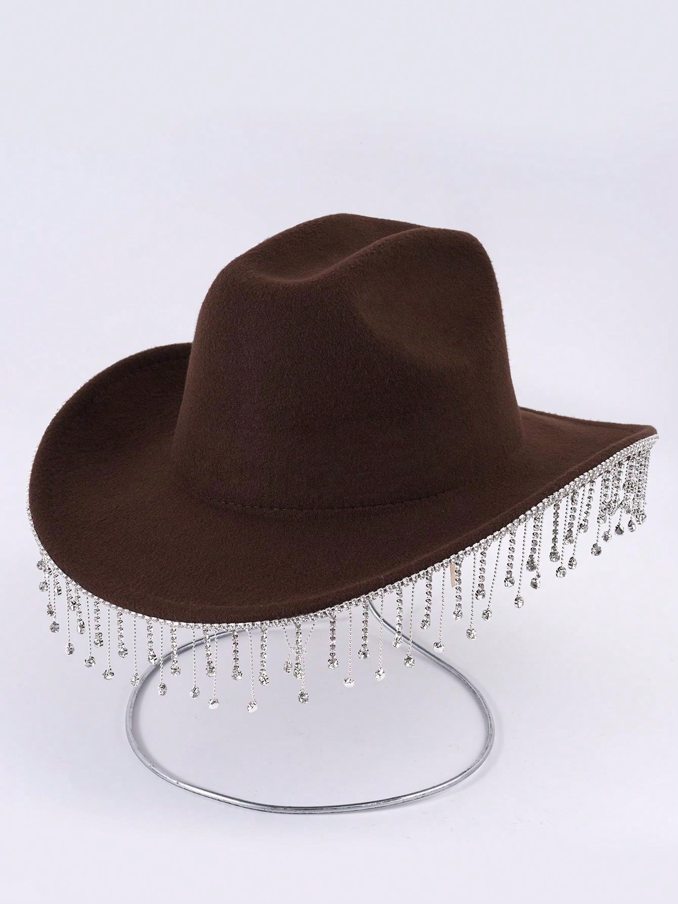 1pc 【cowboy Hat】rolled Edge Knight Cap With Luxury Rhinestone & Tassel ...