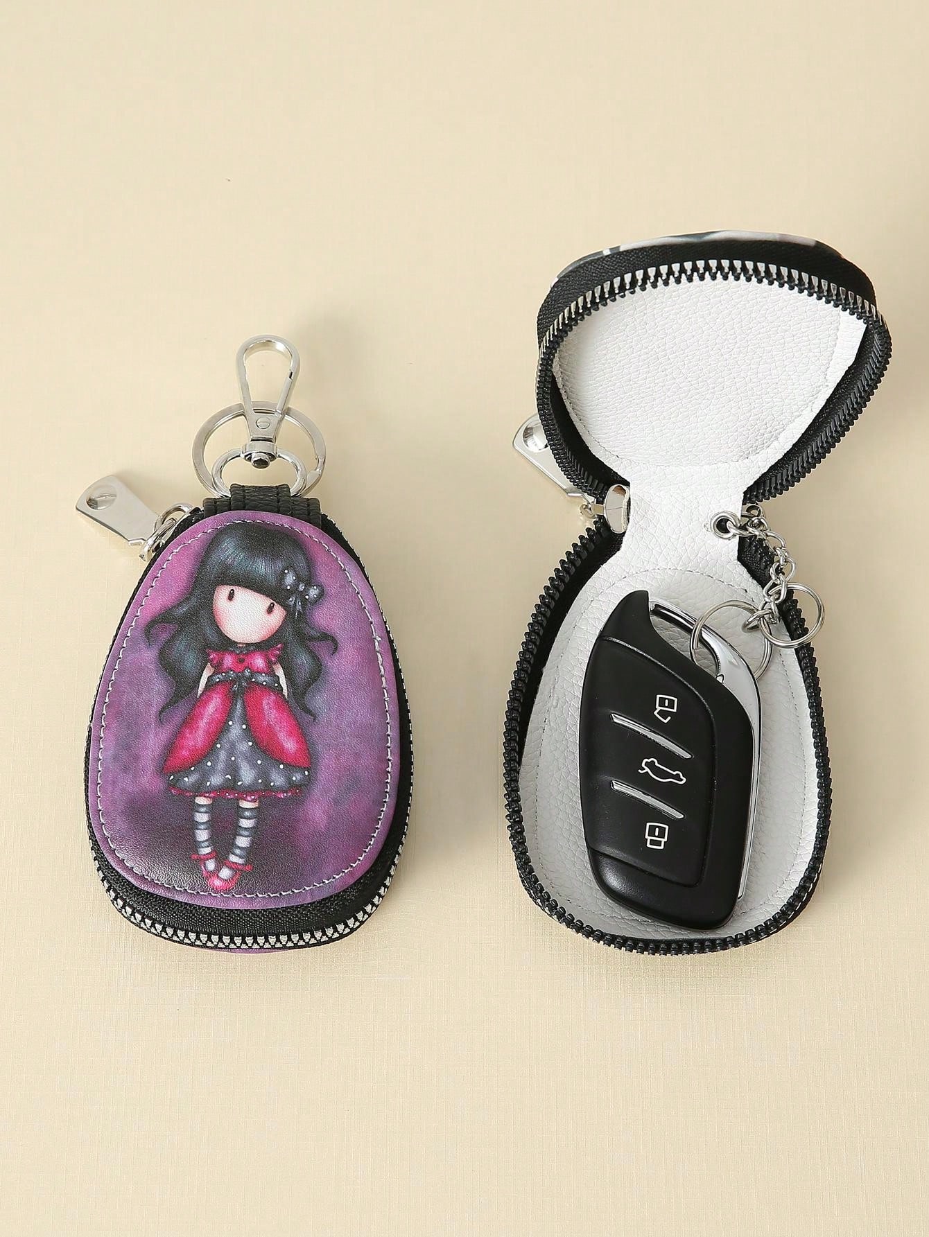 A Ladies Cartoon Print Romantic Print Pu Material Keychain Bag That Can ...
