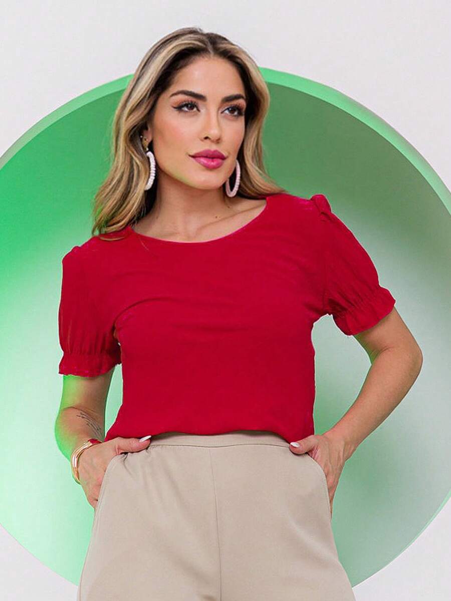 camiseta Blusa Fashion Cor Sólida Manga Borboleta Top verão manga ...