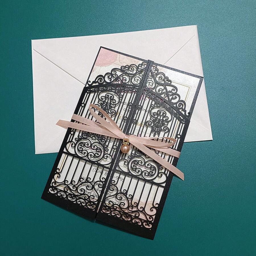 10 Set Green Wedding Invitation Card With Envelope And Blank Sheet And ...