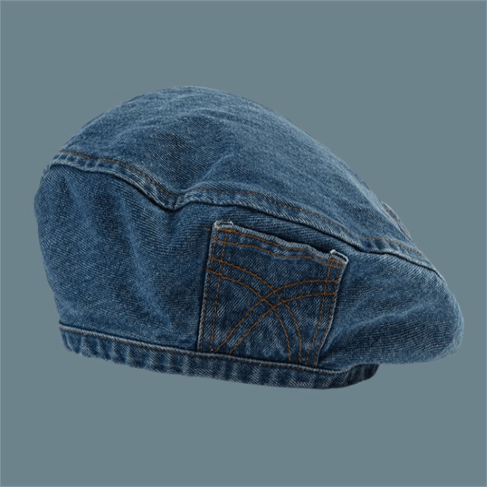 A Deep Blue Vintage Washed Denim Beret Hat For Women, Fashionable And ...