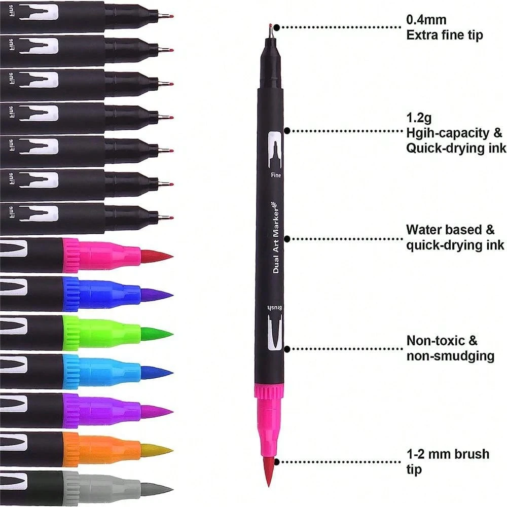 60 Colors Dual Tip Brush Pens Highlighter 60 Art Markers 0.4mm Fine ...