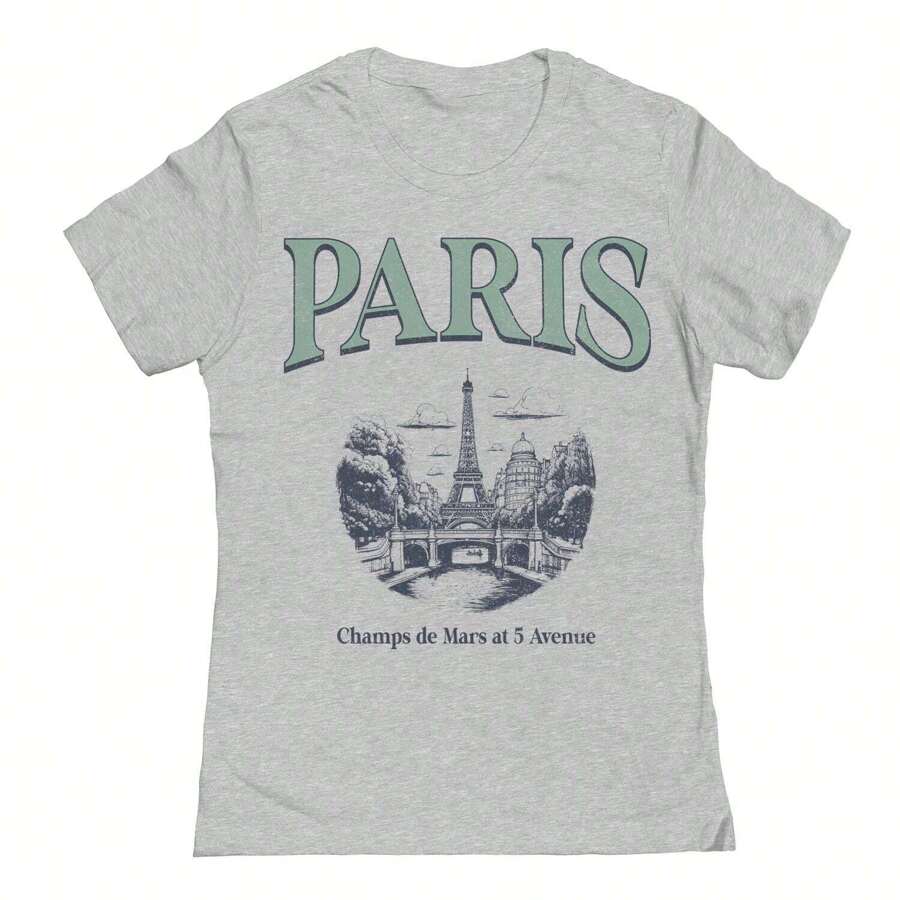 Nearly There Paris Sage Print Graphic Sport Grey Ladies Cotton Short ...