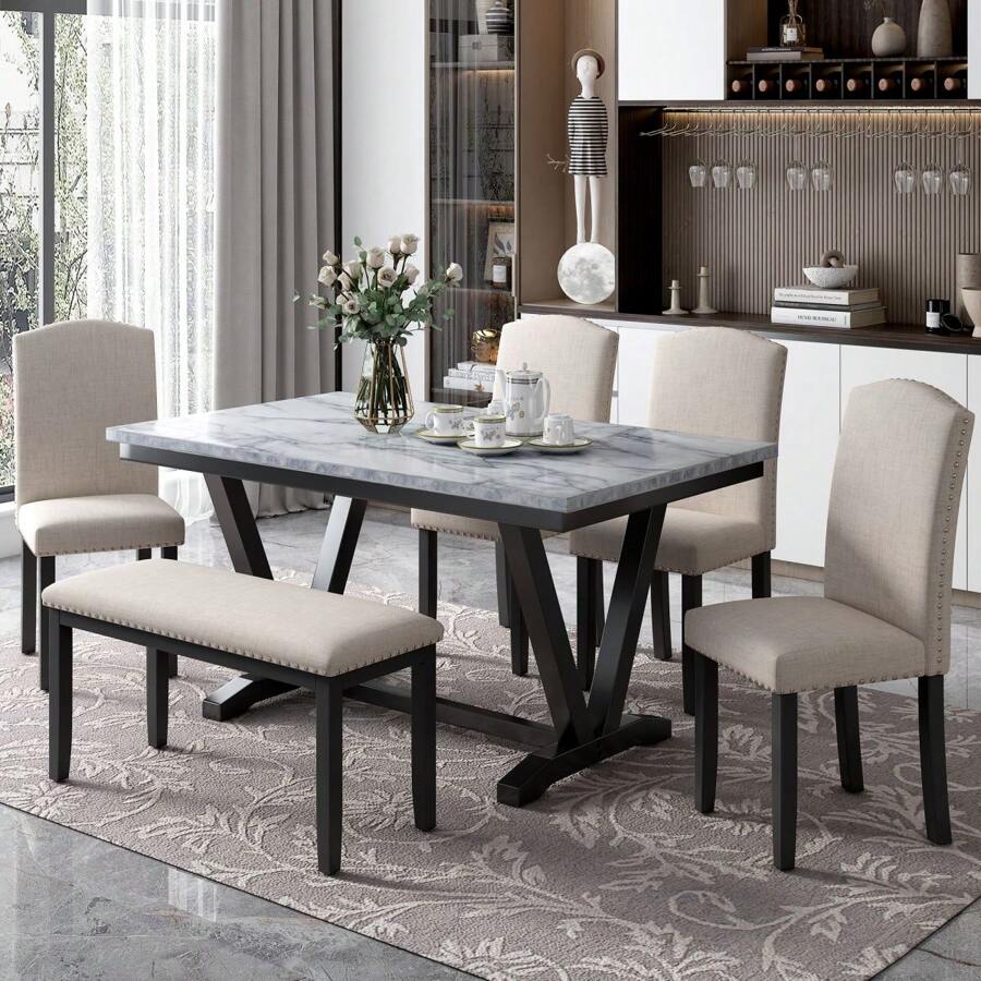 6-Piece Modern Style Dining Set with 4 Upholstered Dining Chairs and 1 ...