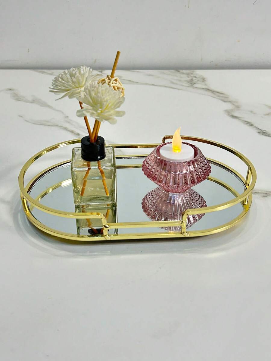 1pc Elliptical Glass Mirror Tray With Iron Gold-Color Edge, European ...