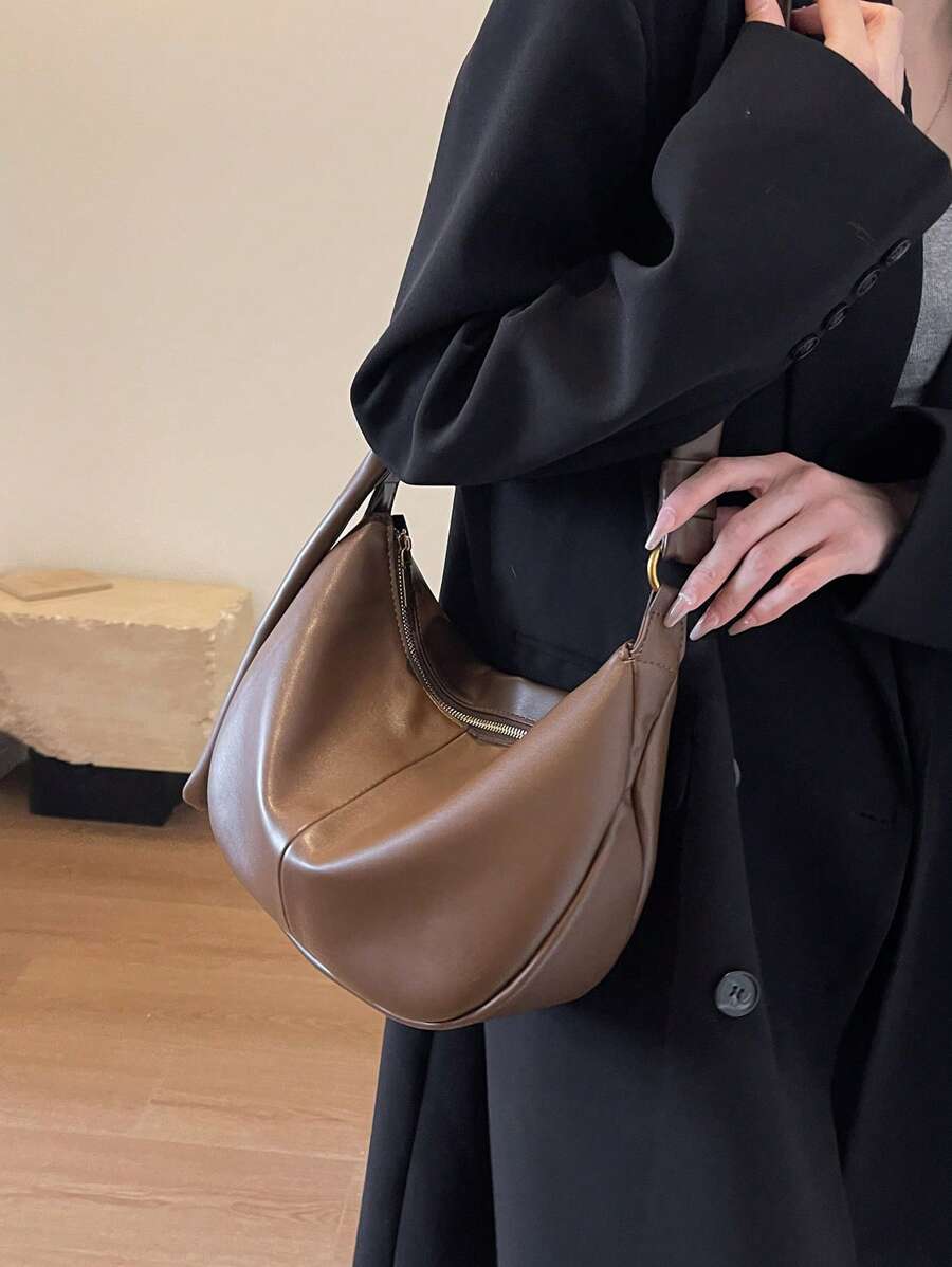 CONTAINEVERY Solid Color Half Moon Shaped Bag With Zipper Closure And ...