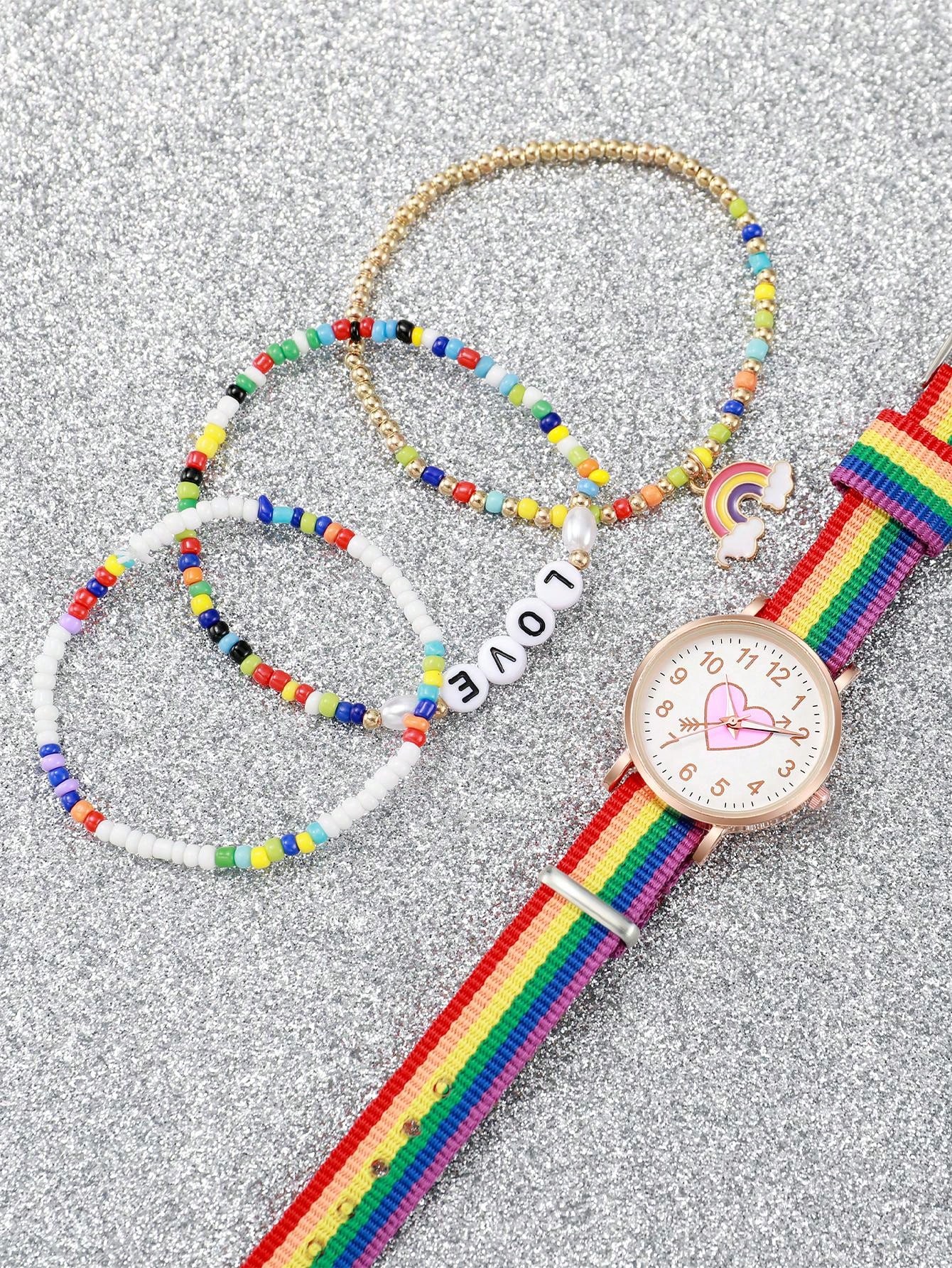 Women's LGBT Rainbow Nylon Strap Watch With Heart Shaped Digital Clock ...