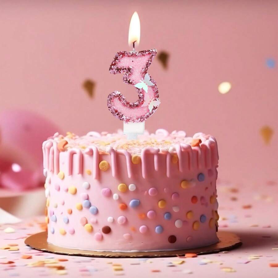 1 pc Birthday Number Candles, Pink Butterfly Sequin Happy Birthday Cake ...