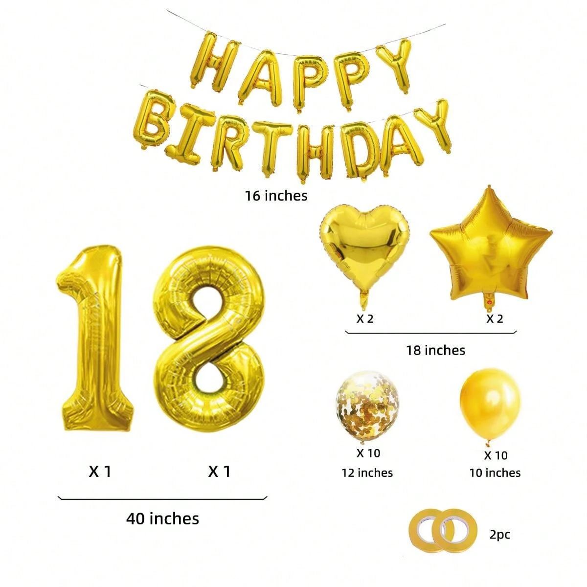 41pc Happy 18th Birthday Balloons Set, 16inch Golden Aluminum Foil Age ...