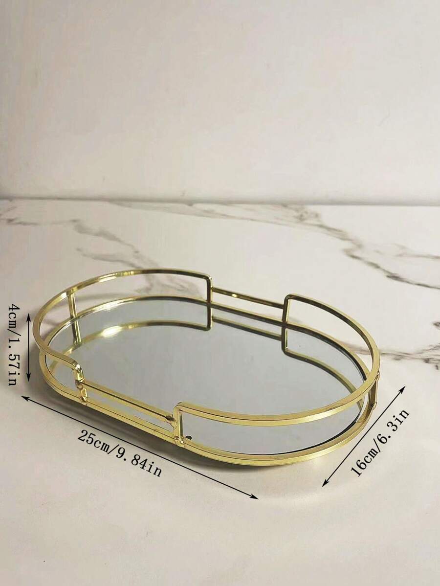 1pc Elliptical Glass Mirror Tray With Iron Gold-Color Edge, European ...