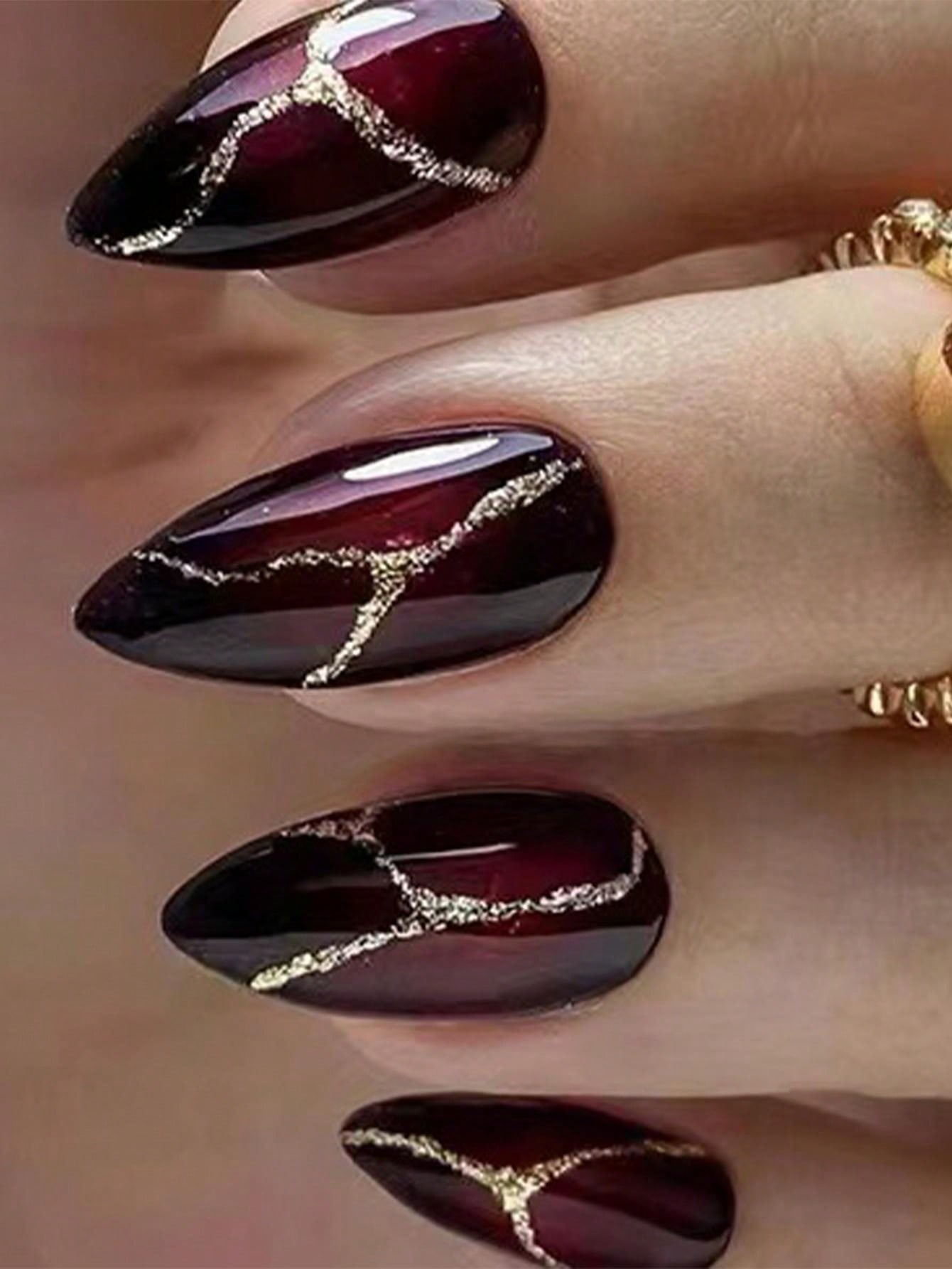 24pcs/set Retro Style Full Cover False Nails With Gold Glitter, Stone ...