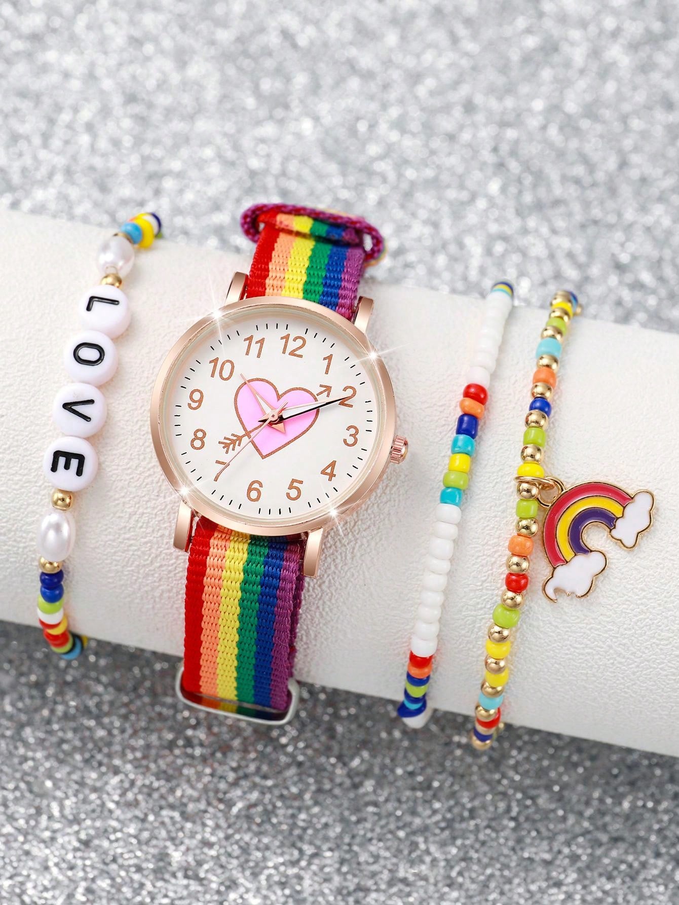 Women's LGBT Rainbow Nylon Strap Watch With Heart Shaped Digital Clock ...