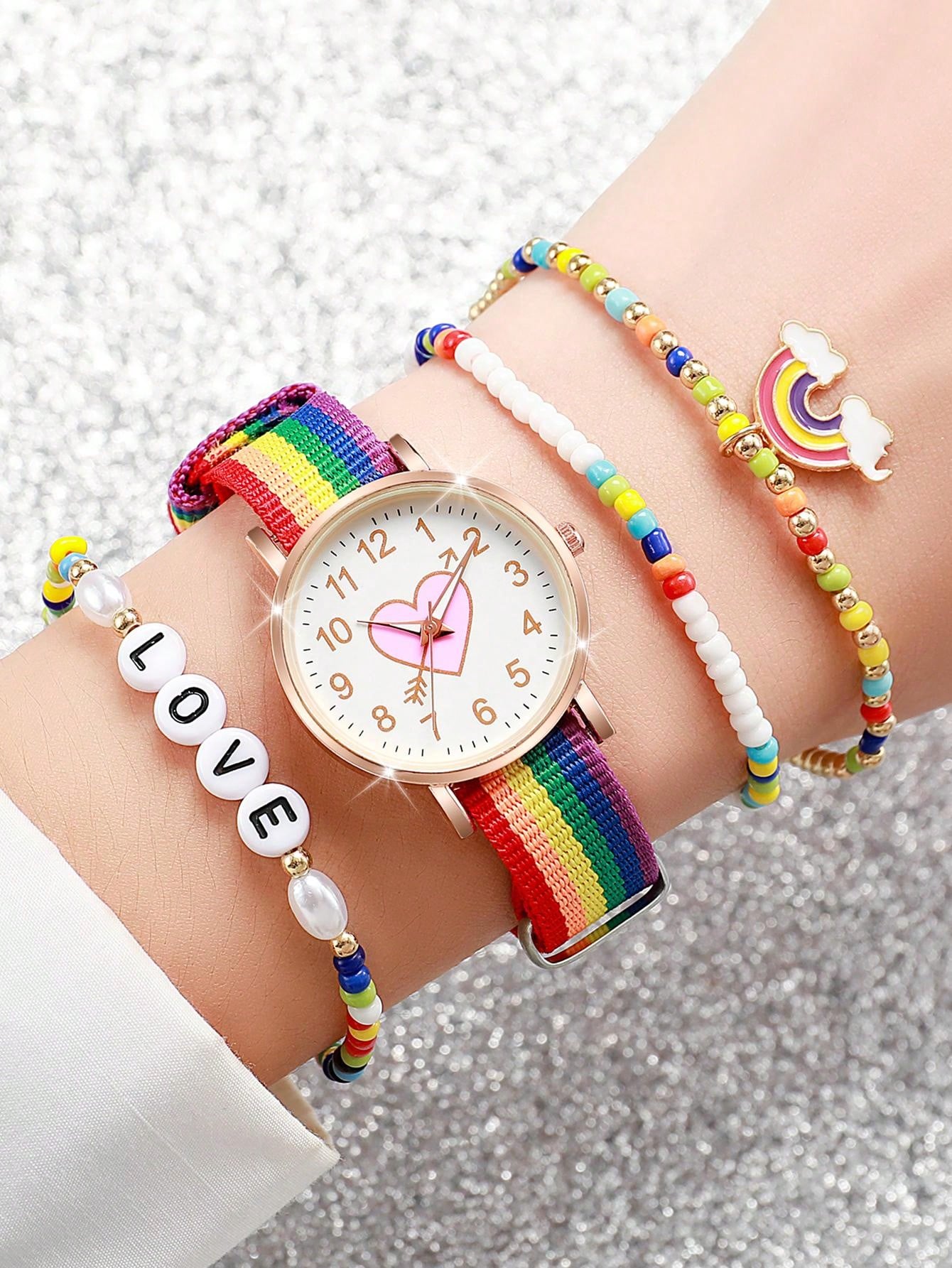 Women's LGBT Rainbow Nylon Strap Watch With Heart Shaped Digital Clock ...