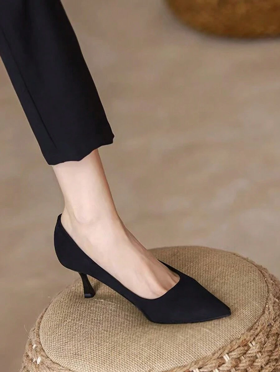 Women's Pointed High Heel Shoes, Black Suede OL Professional Work Shoes ...