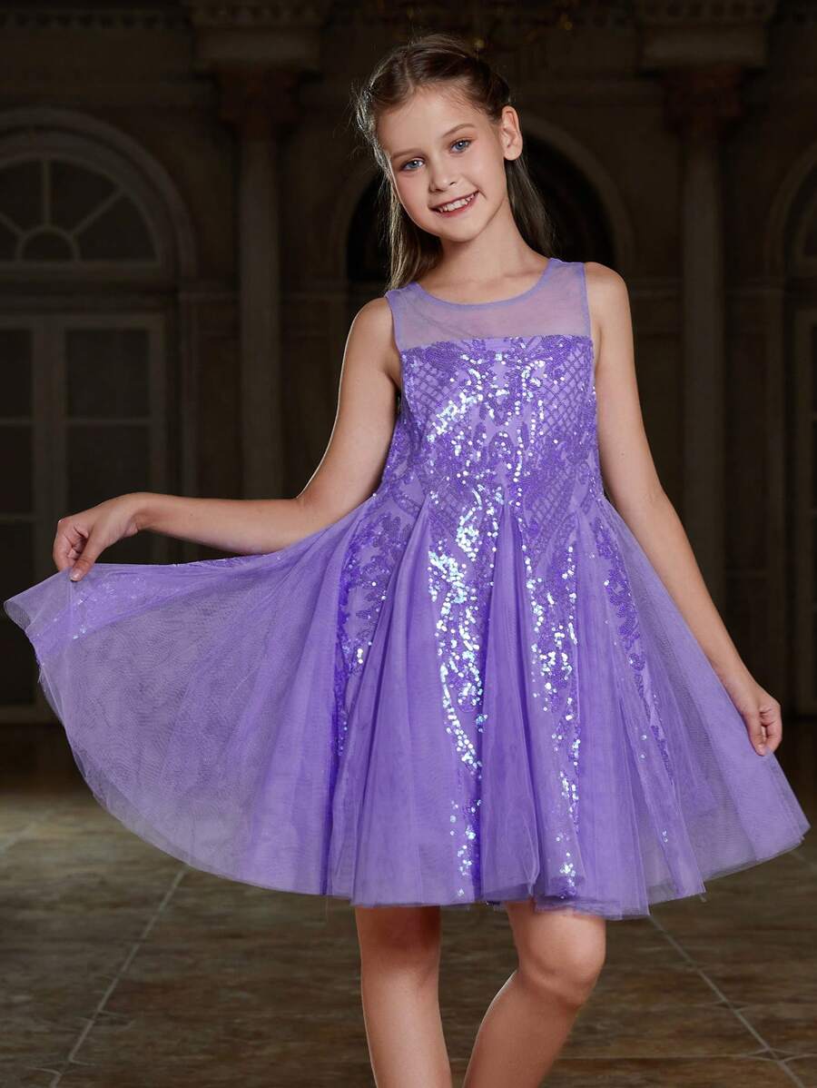 Tween Girl Sleeveless Sequined Net Yarn Patchwork Formal Dress | SHEIN USA