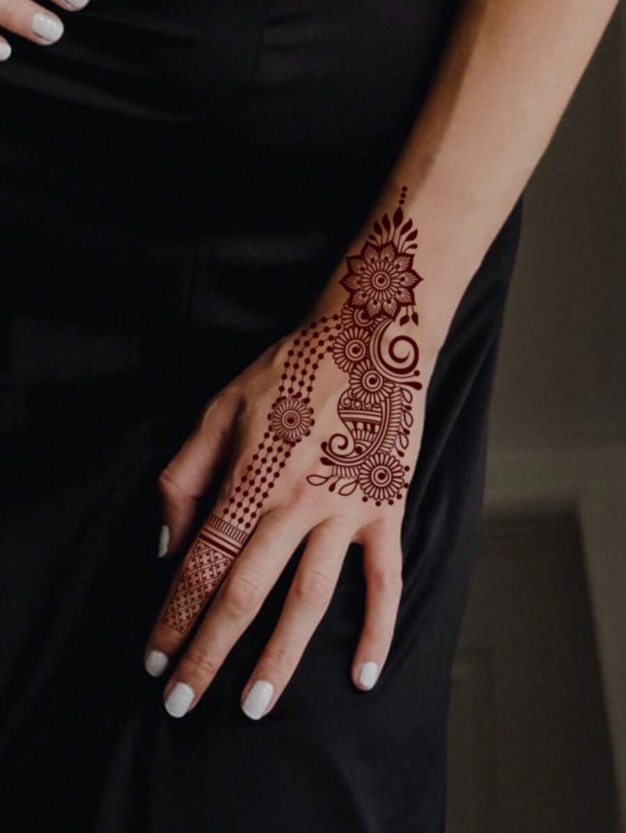 2 Sheets Maroon Henna Hand Tattoo Stickers Temporary Tattoo Waterproof ...