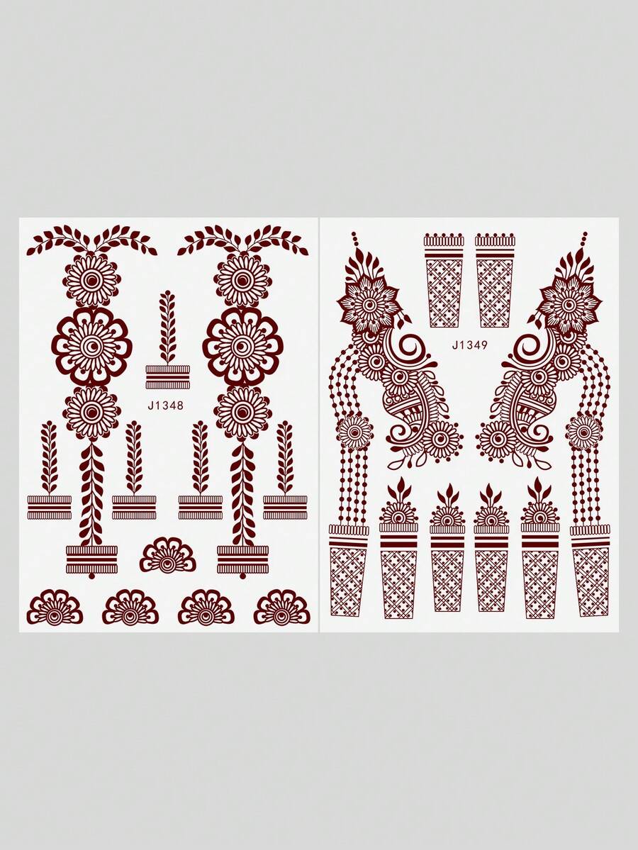 2 Sheets Maroon Henna Hand Tattoo Stickers Temporary Tattoo Waterproof ...