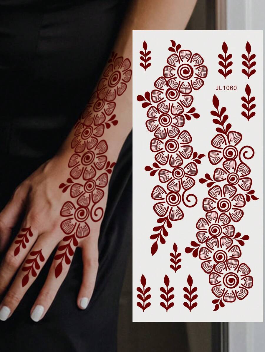 1 sheet Flower Temporary Tattoo Stickers, Maroon Waterproof Hand Tattoo ...