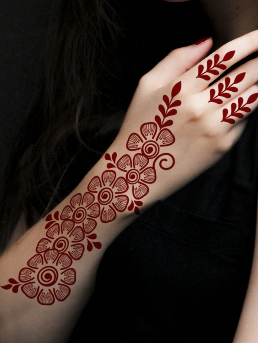 1 sheet Flower Temporary Tattoo Stickers, Maroon Waterproof Hand Tattoo ...