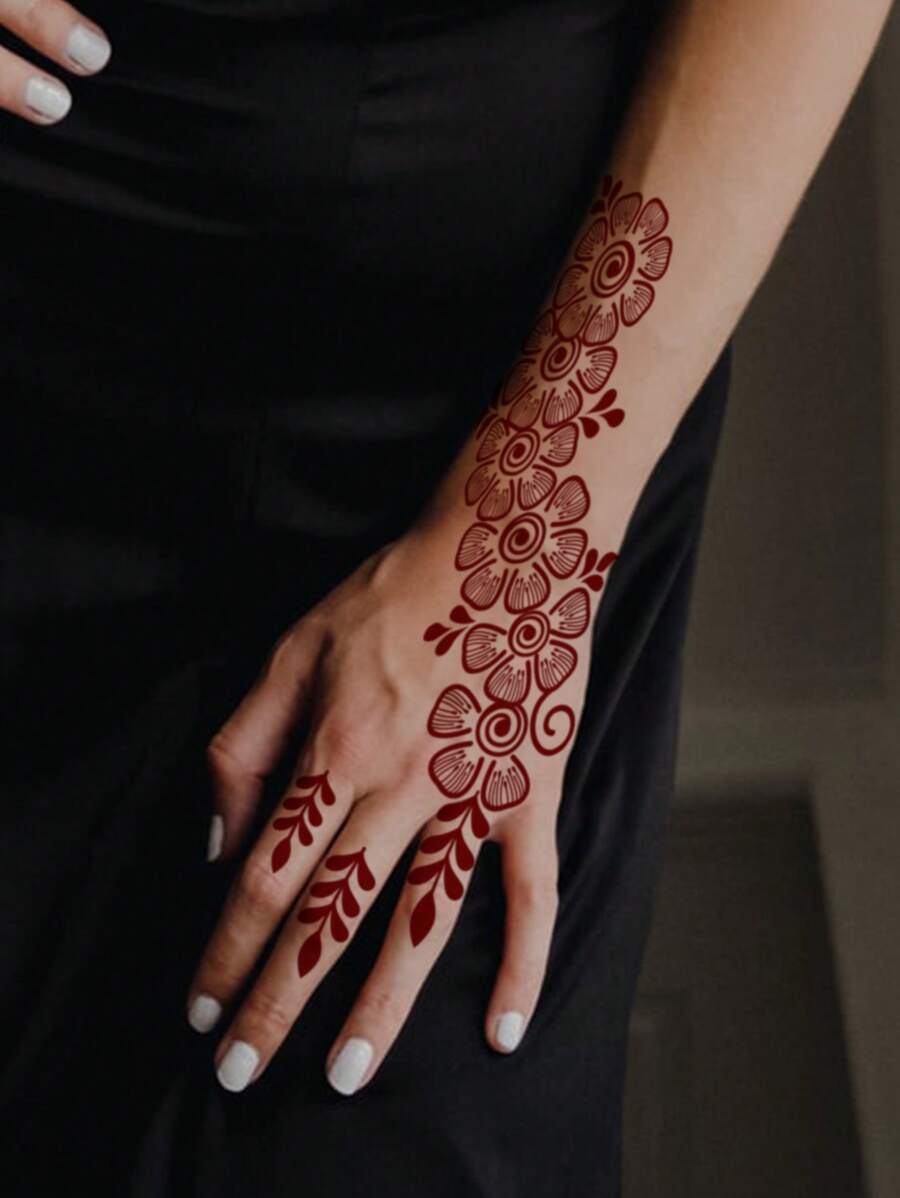 1 sheet Flower Temporary Tattoo Stickers, Maroon Waterproof Hand Tattoo ...