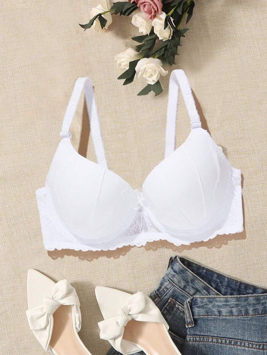 1pc Women's White Lace Trim Push-Up Bra With Thick Padding To Gather ...