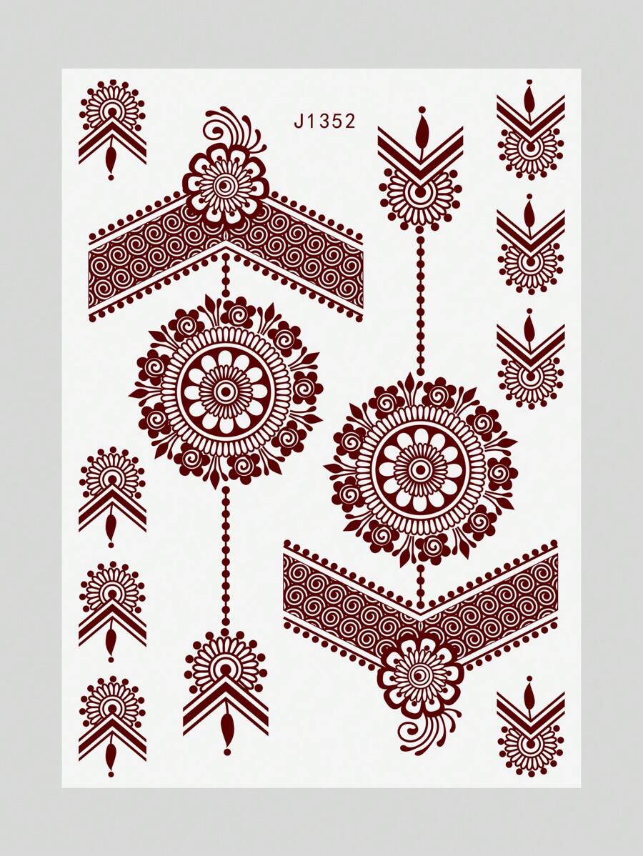 2 Sheet Henna Tattoo Stickers Flower Pattern Maroon Waterproof Tattoo ...