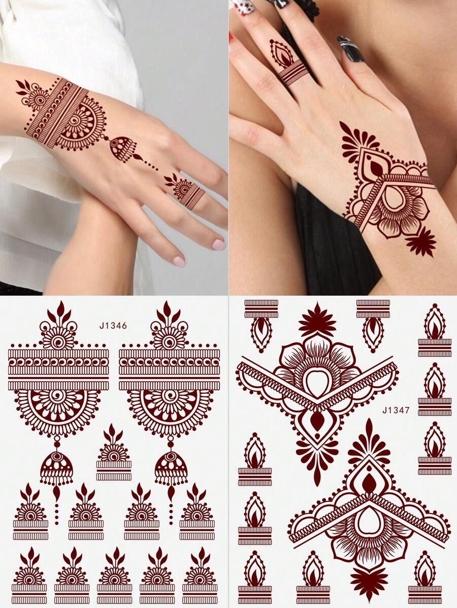 2 Sheets Flower Pattern Temporary Tattoo Stickers Henna Temporary Hand ...