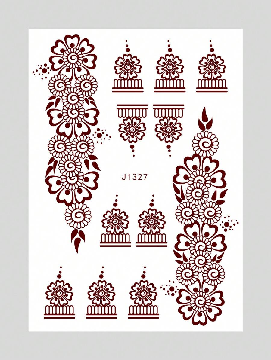 2 Sheets Henna Stickers, Water-Proof Brown Henna Tattoo Stickers Flower ...