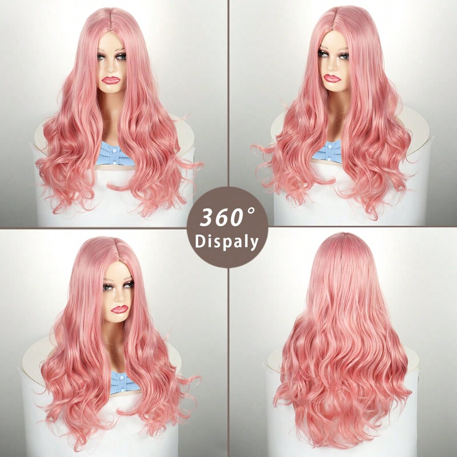 Pelucas Rosas Para Mujeres Peluca Larga Y Ondulada Rosa Con Parte En ...
