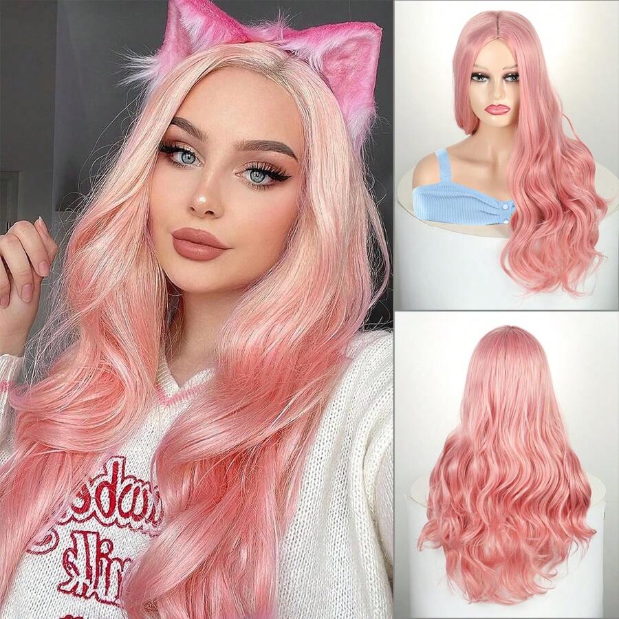 Pelucas Rosas Para Mujeres Peluca Larga Y Ondulada Rosa Con Parte En ...