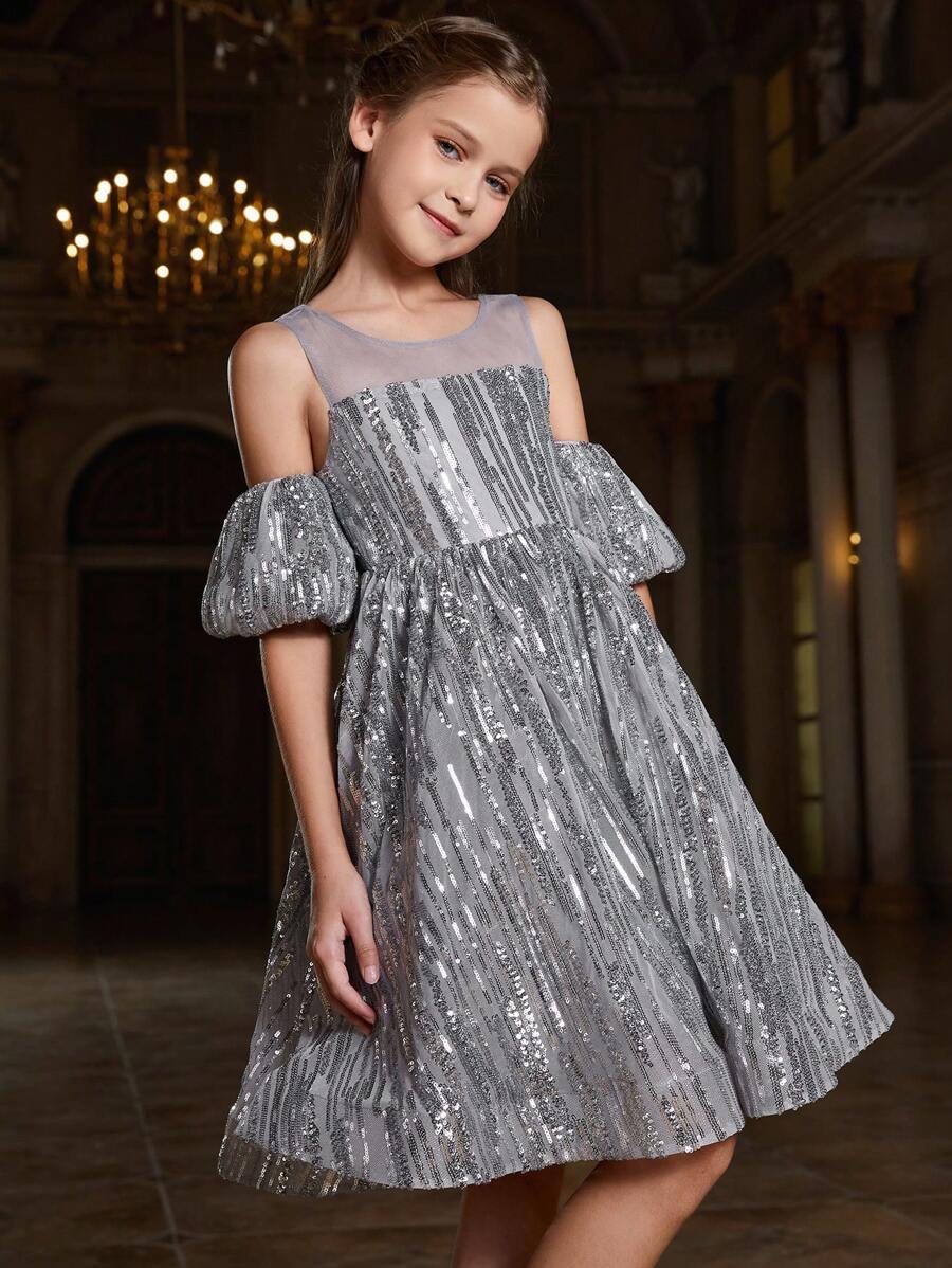 Tween Girls' Puff Sleeve A-line Sequin Party Dress | SHEIN USA