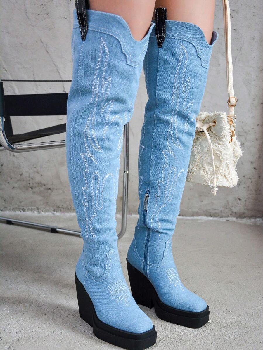 Women's Square Toe Platform Knee-High Boots - Platform Square Toe ...