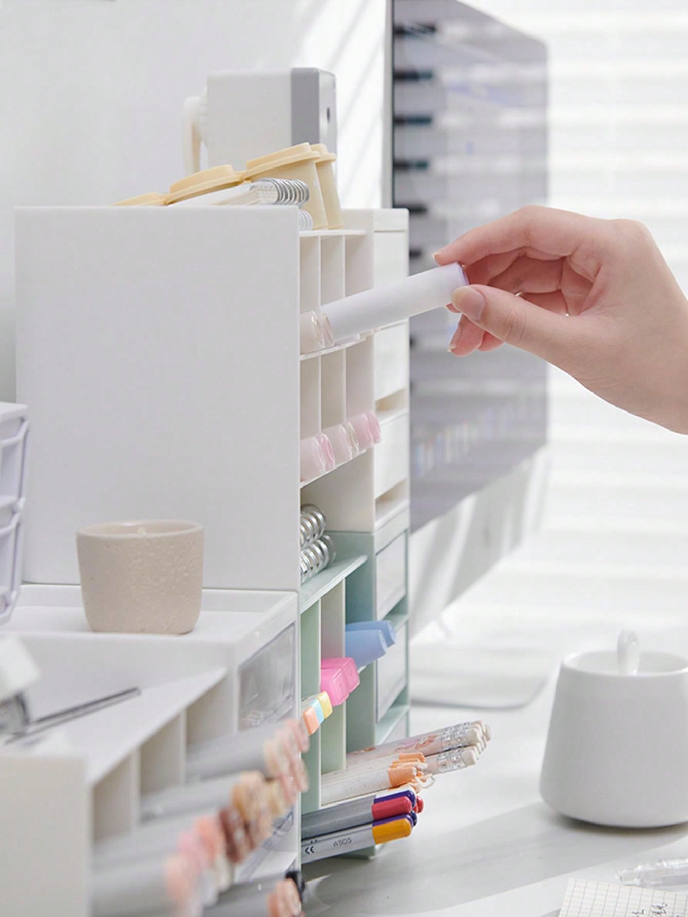 1pc White Desktop Storage Box With Drawer & Stackable Slanted Pencil ...