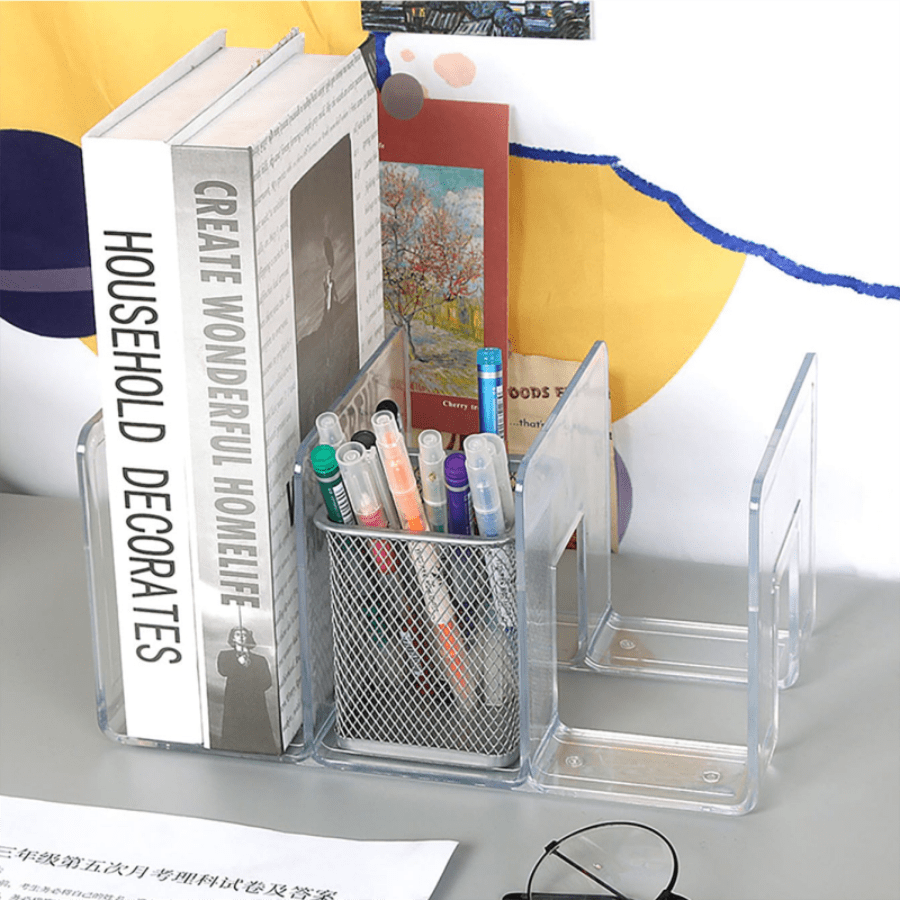 3-tier Acrylic Book Stand, Desk Organizer With Adjustable Bookends ...