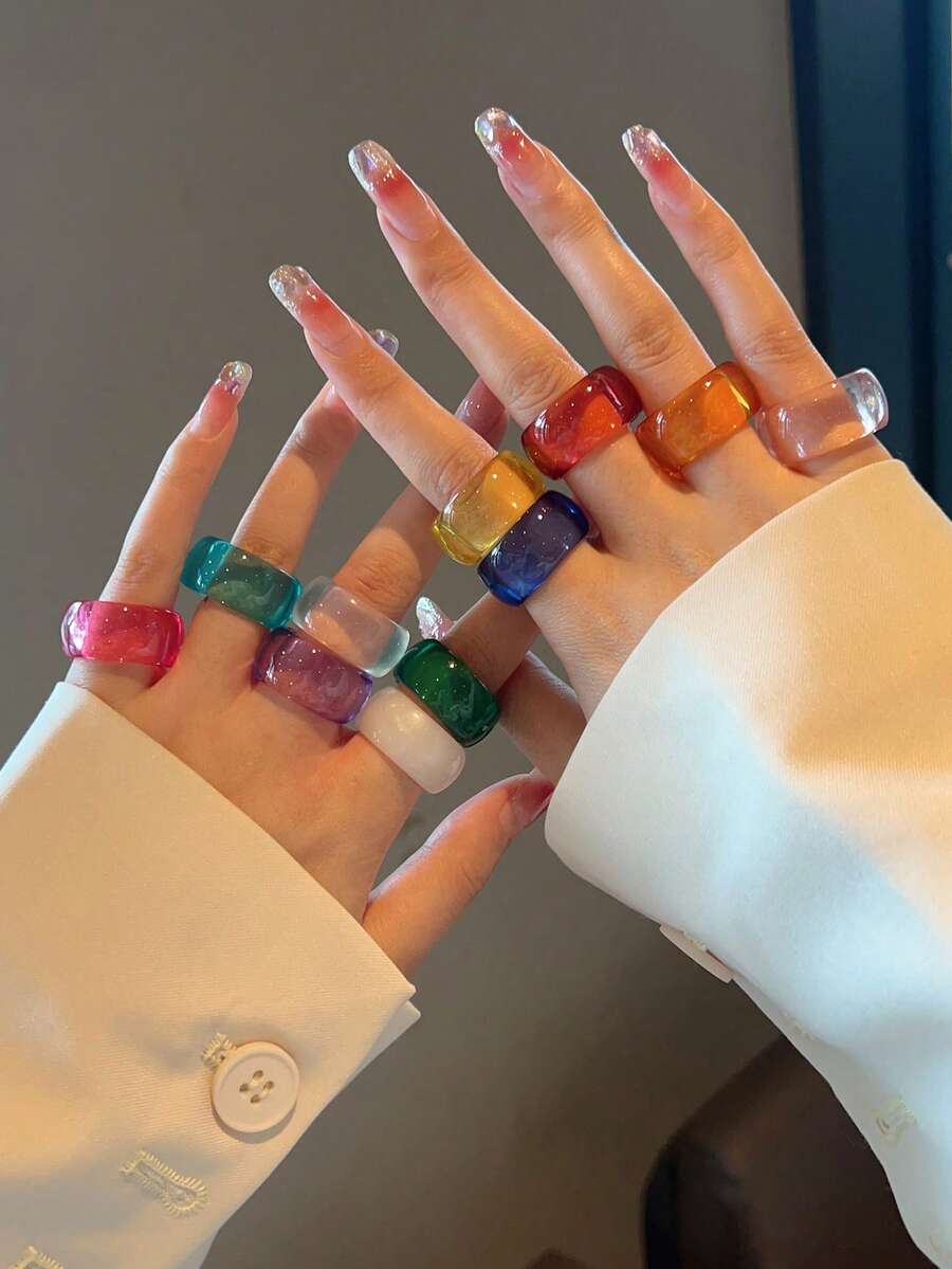 11pcs/set Fashionable Colorful Transparent Resin Rings, Simple Party ...