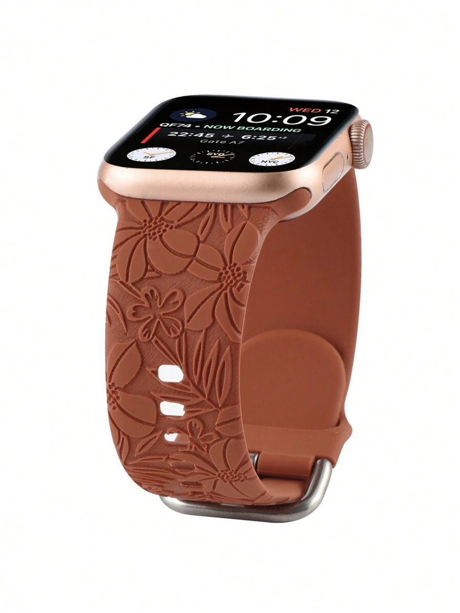 Laser Engraved Flower Design Silicon Strap Compatible With Apple Series ...