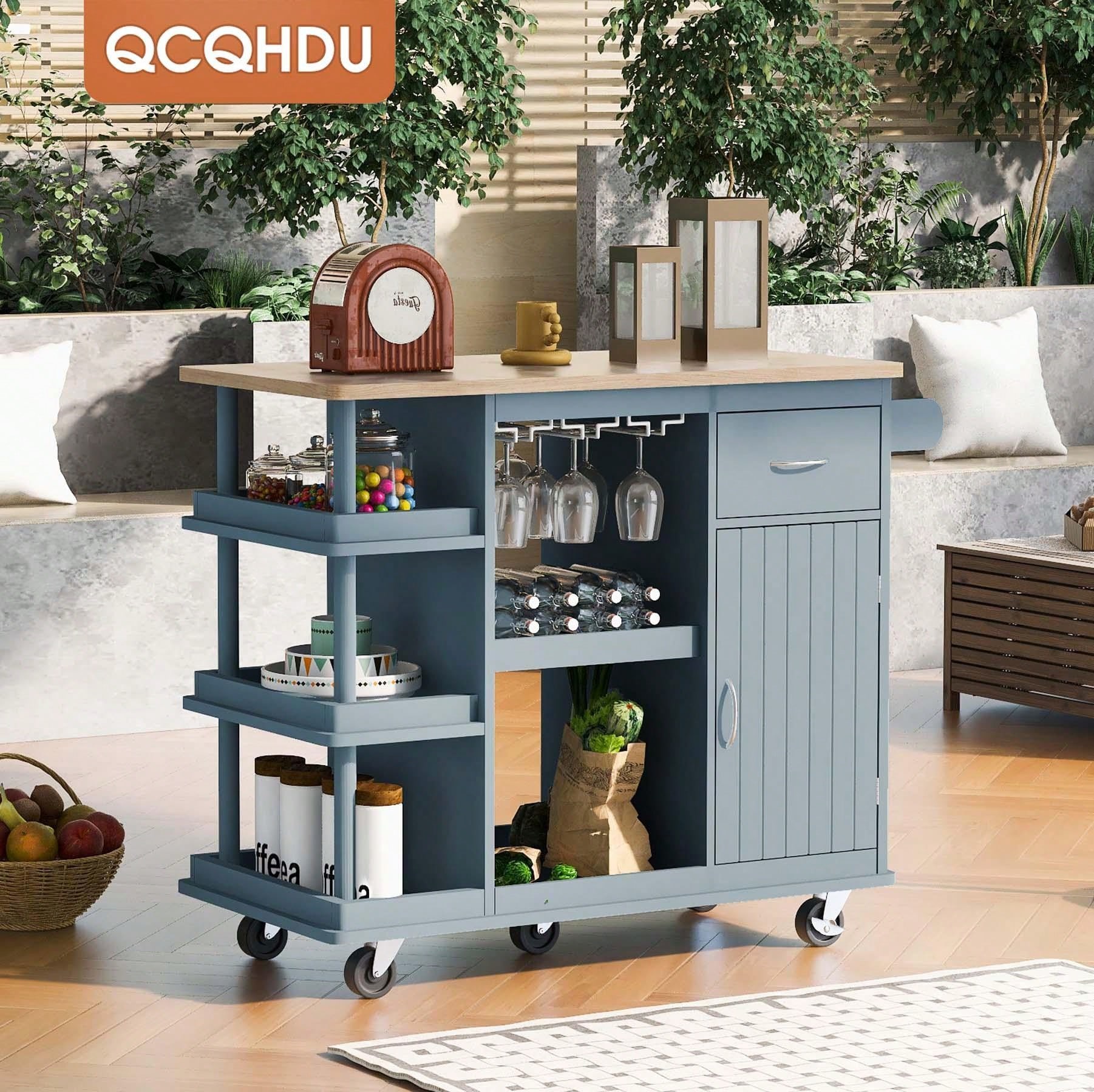 Multipurpose Kitchen Cart Cabinet with 5 Wheels, Wine Upside Down Rack ...