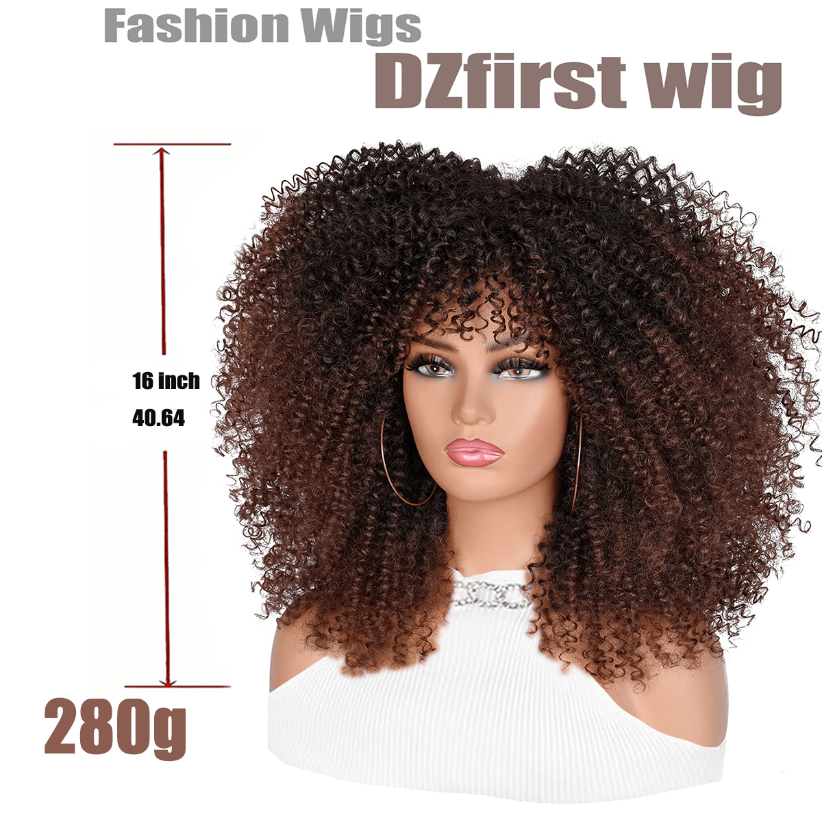 16 Inch Black Gradient To Brown Small Curly Wig With Bangs For Women ...