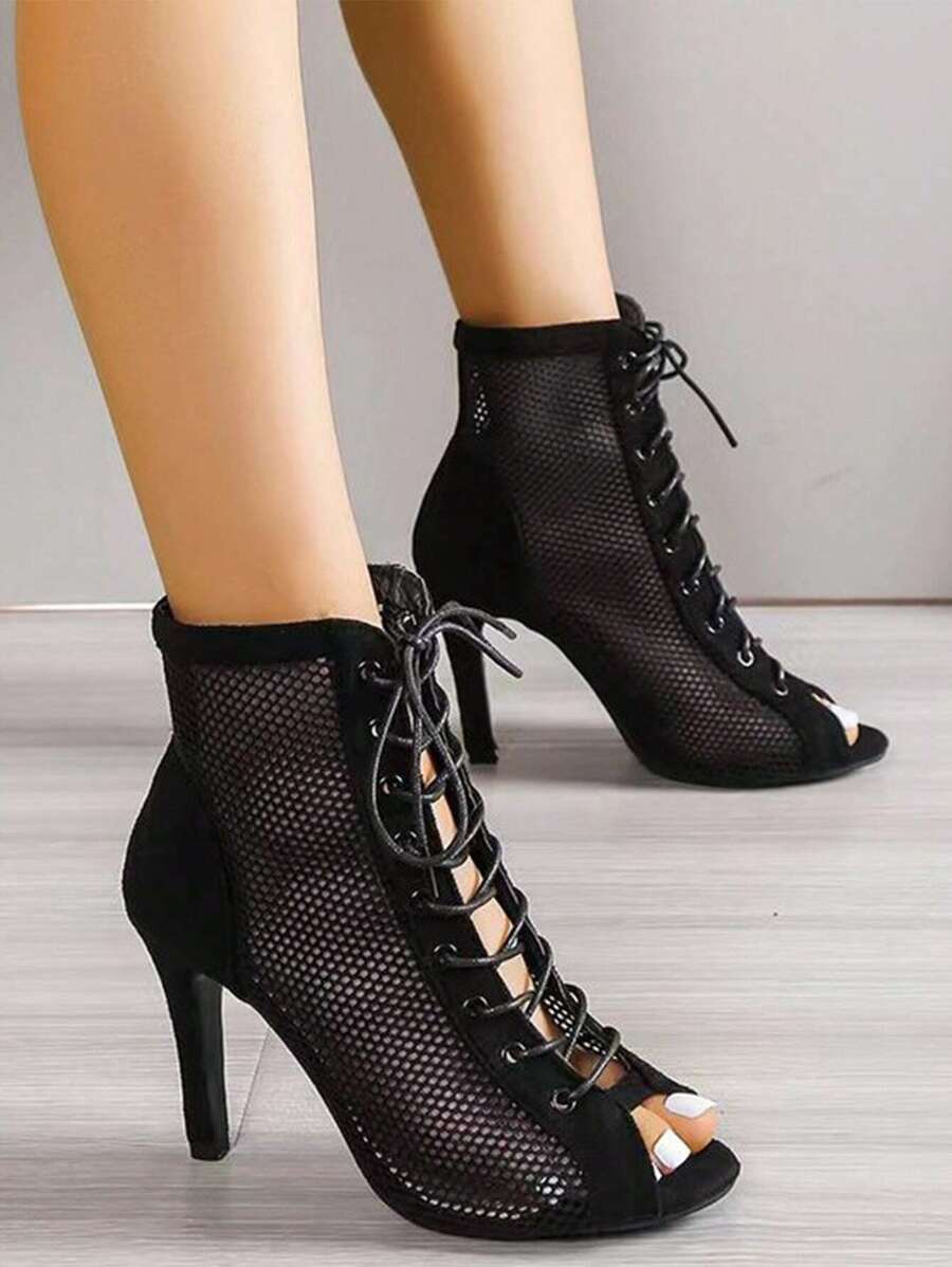 Mesh Stiletto Heel Hollow Out Women's Boots With Peep Toe For Dance And ...