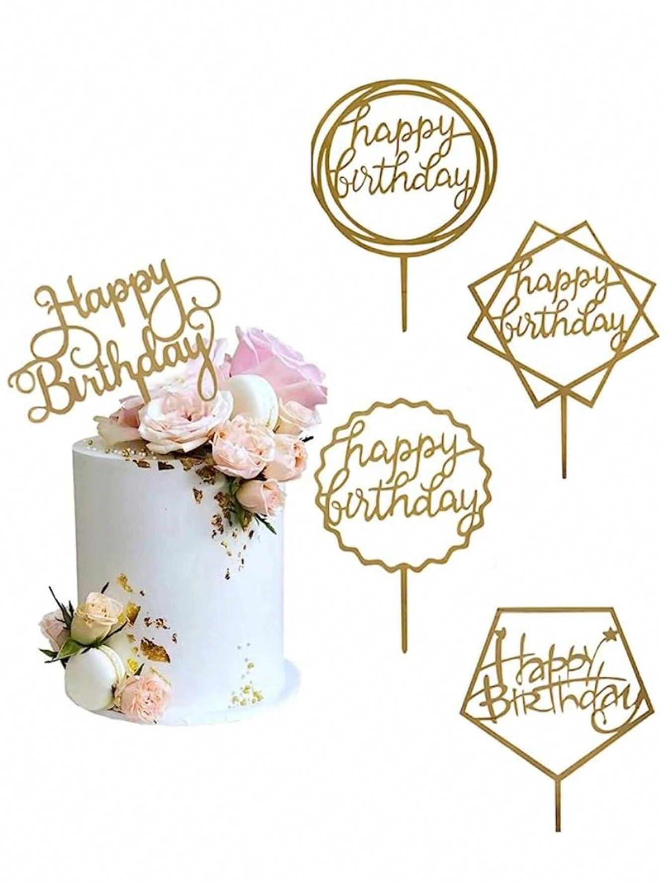 5pcs Happy Birthday Cake Toppers, Mirror Acrylic Cake Topper, Side Cake ...