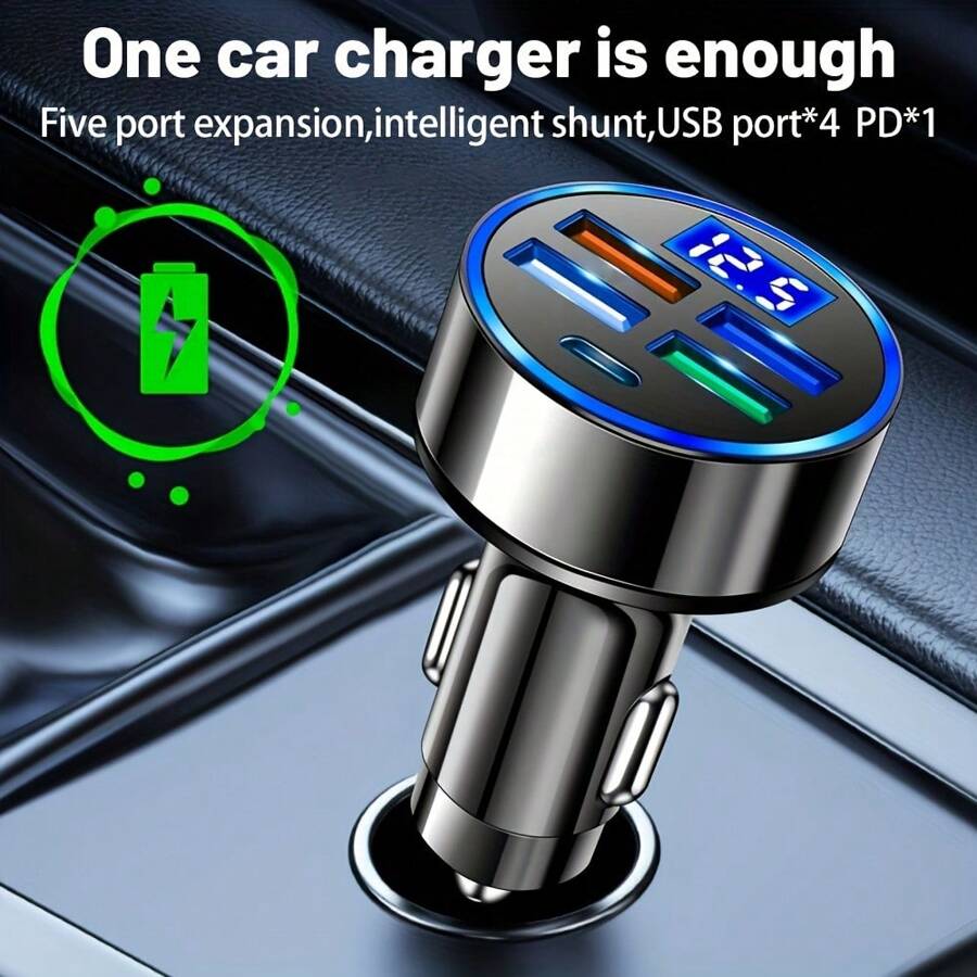 1pc Black 4-usb Port With Type-c Car Charger Adapter Featuring Led ...