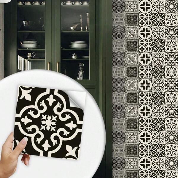 10pcs Black Floral Tile Pattern Frosted Floor Stickers For Kitchen ...