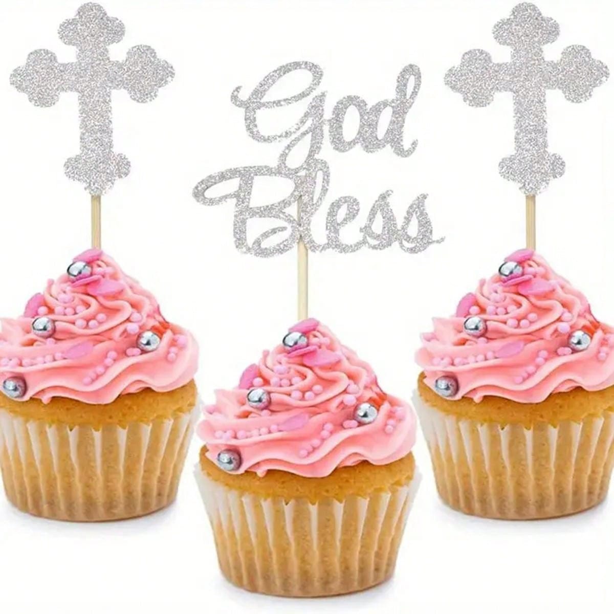 12 Silver Creative Shiny Silver Cross God Bless Cake Inserts God Bless ...