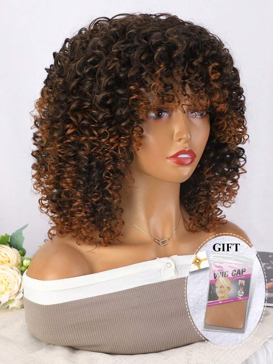 14Inch Short Curly Afro Wig With Bangs for Women Kinky Curly Hair Wig ...